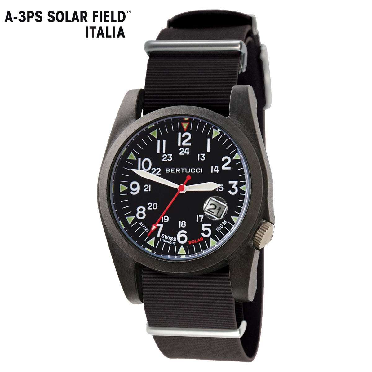 #13803 A-3PS Solar Field Italia - Black w/ Black G10 NATO Italian Rubb ...